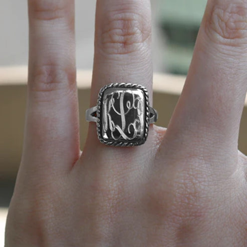 Sterling Silver Monogram Rope Edge Ring - Vertical Rectangle – Be ...